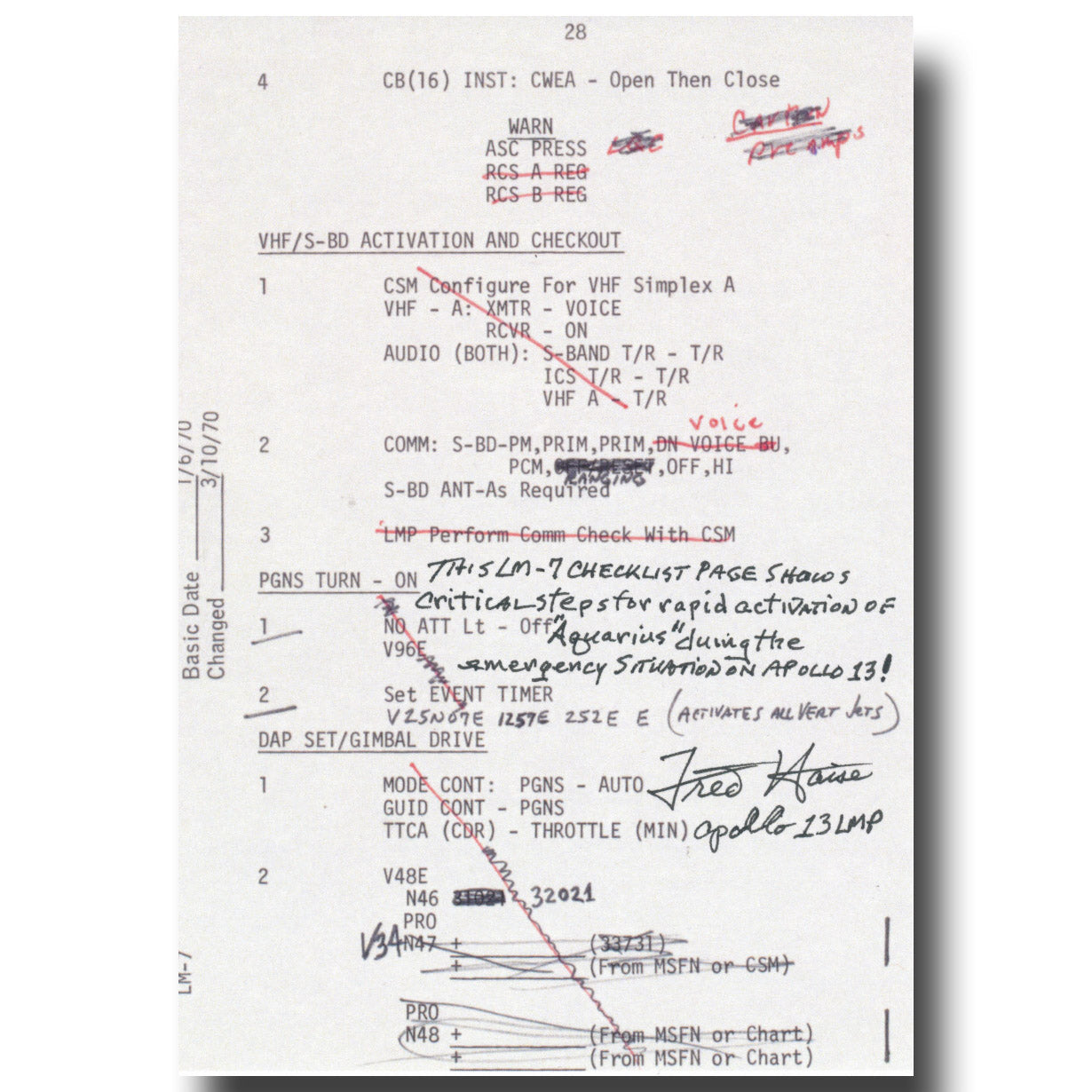 Fred Haise – Apollo 13 replica checklist page – BEEN IN SPACE